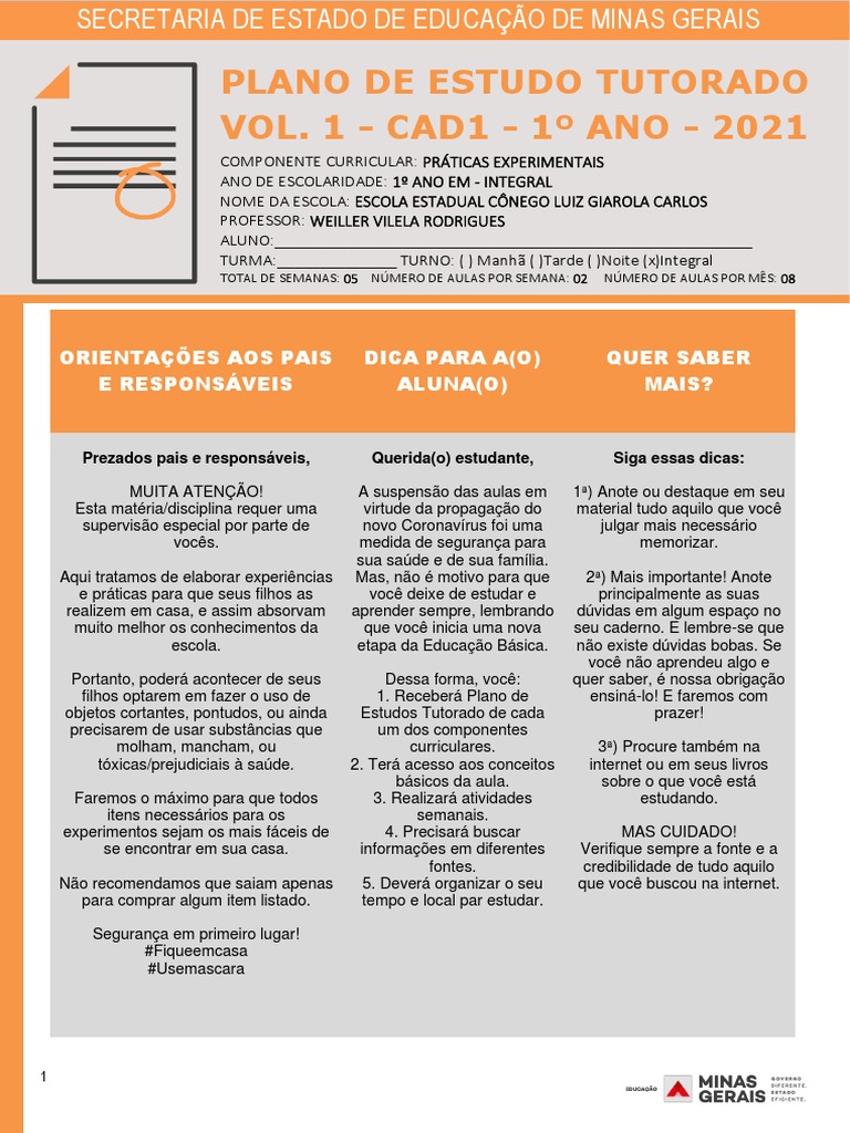 0 Pet - Práticas Exp - Vol 1 - Cad1 - 1º Ano - 2021 - Weiller | PDF | Ondas | Célula (Biologia)