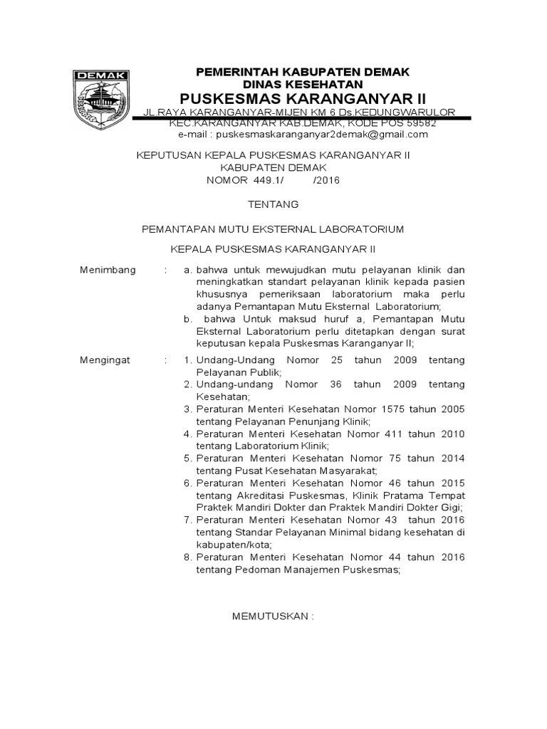 Puskesmas Karanganyar Ii: Pemerintah Kabupaten Demak Dinas Kesehatan | PDF