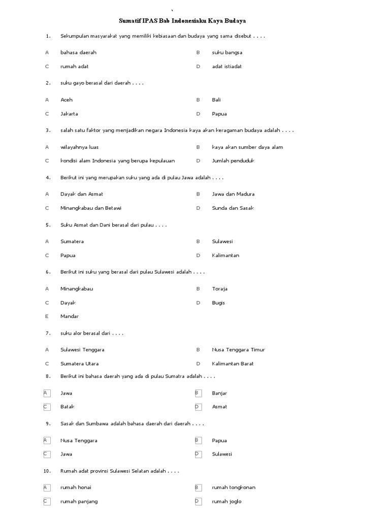 Latihan Soal IPS Kelas 4-Keragaman Budaya Di Indonesia | PDF