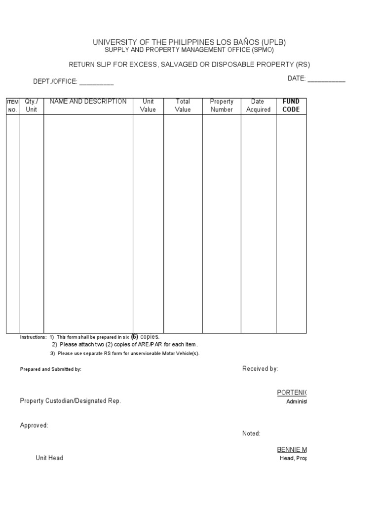 RETURN SLIP (RS) Form | PDF