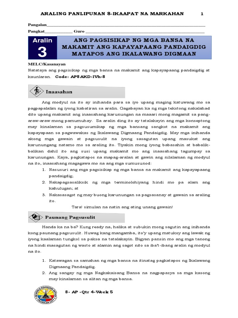 Aralin: Ang Pagsisikap NG Mga Bansa Na Makamit Ang Kapayapaang ...