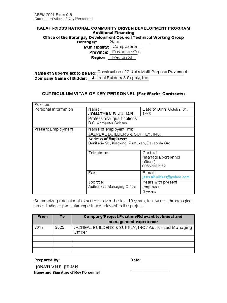 CBPM 2021 Form C 8 Curriculum Vitae of Key Personnel Pledged | PDF ...