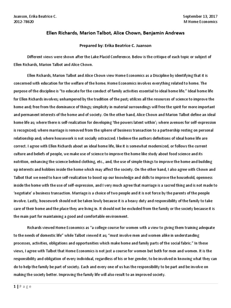 Ellen Richards and Marion Talbot | PDF | Cost Of Living | Home Economics