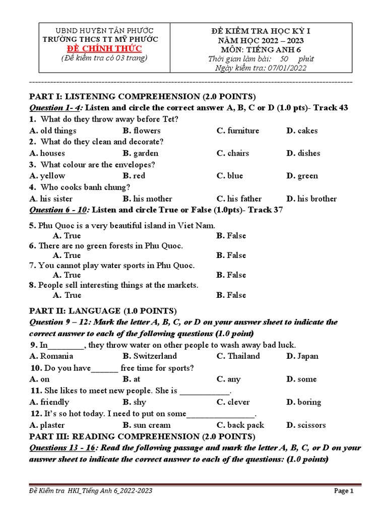 DE KIEM TRA HKI I_TA 6_2022-2023 | PDF