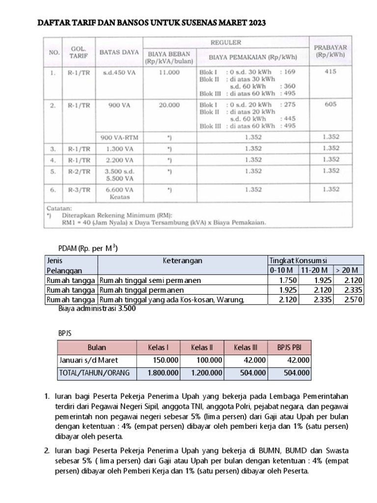 Daftar Tarif Dan Bansos Untuk Susenas Maret 2023 | PDF