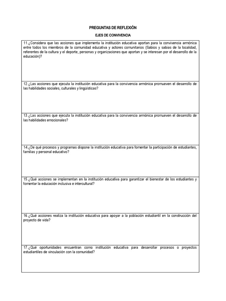 Preguntas de Reflexión-Eje de Convivencia | PDF | Institución ...