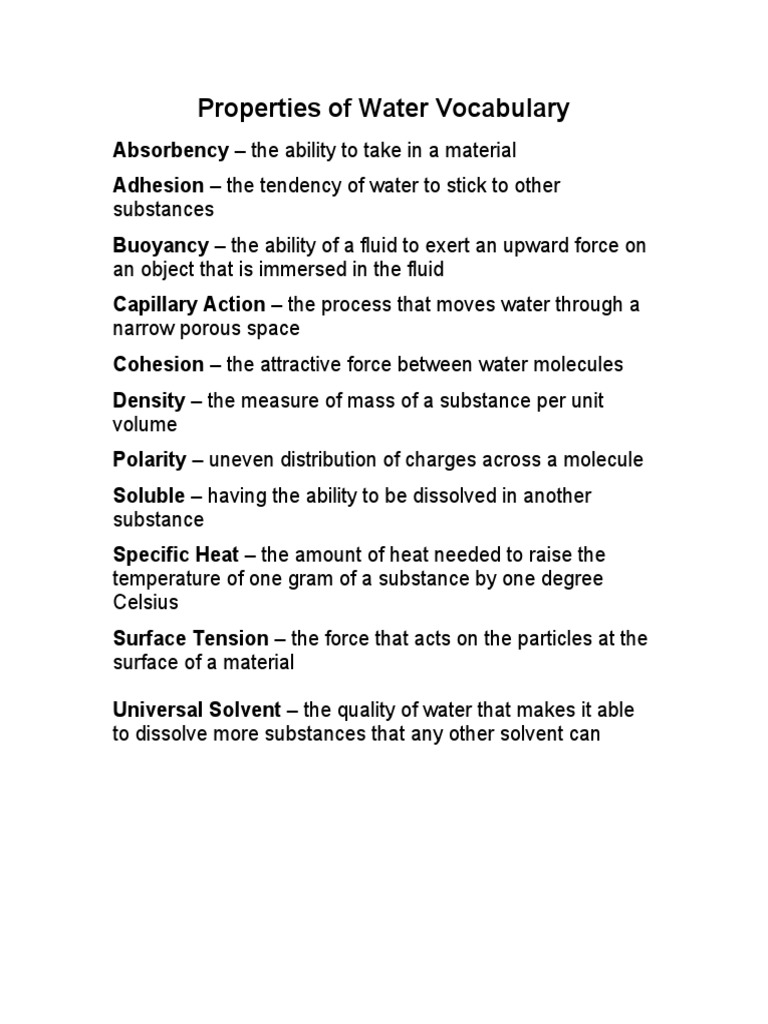 Water Properties Vocabulary Guide | PDF