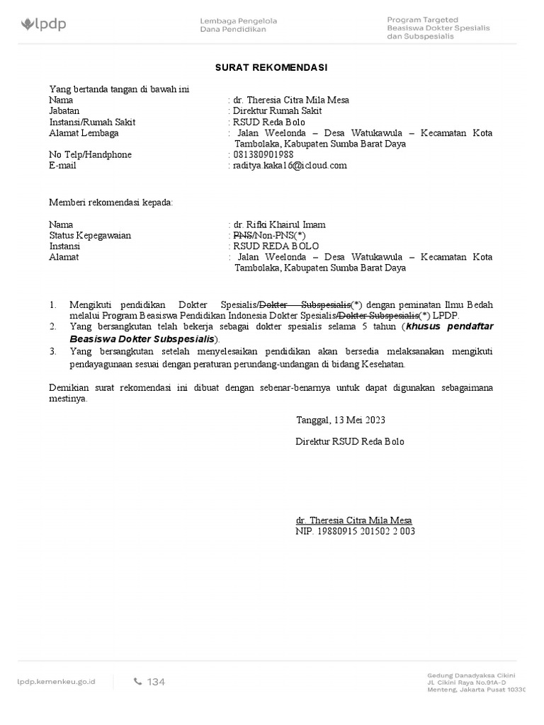 Surat Rekomendasi DR, Rifki LPDP | PDF