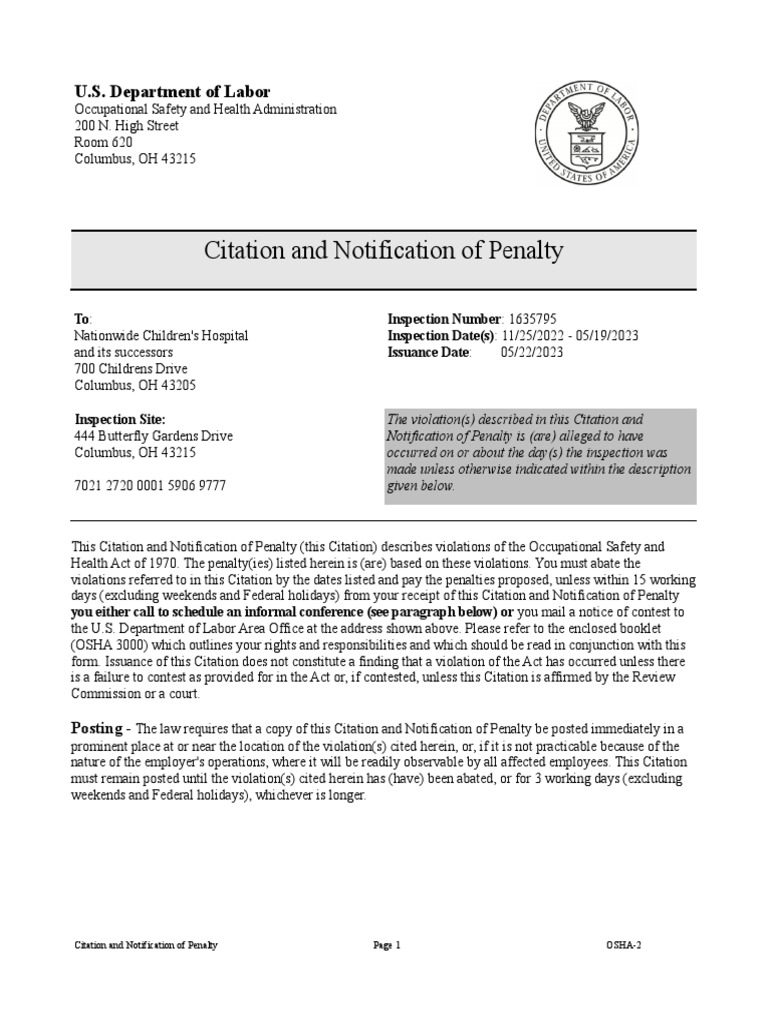 Osha 20230954 Citation and Notification of Penalty | PDF | Occupational ...