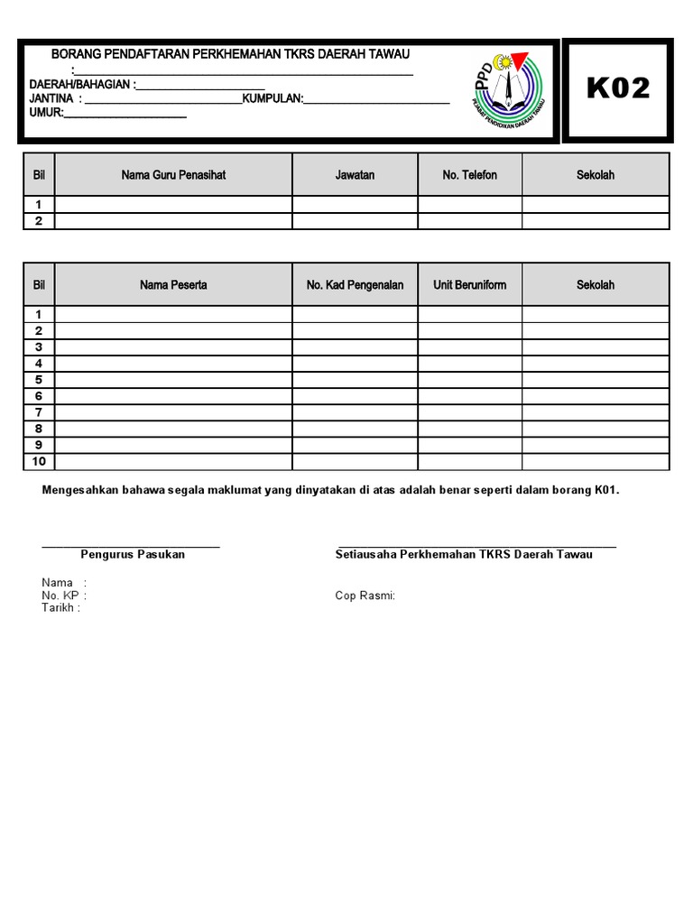 Borang K02 Perkhemahan TKRS Daerah Tawau 2023 | PDF