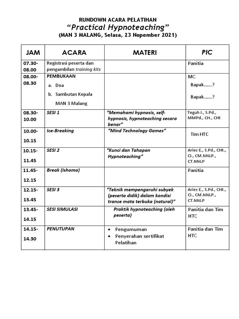 00001-RUNDOWN Pelatihan Hypnoteaching | PDF