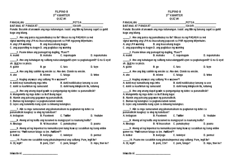 3rd Q Quiz 1 Fil8 | PDF