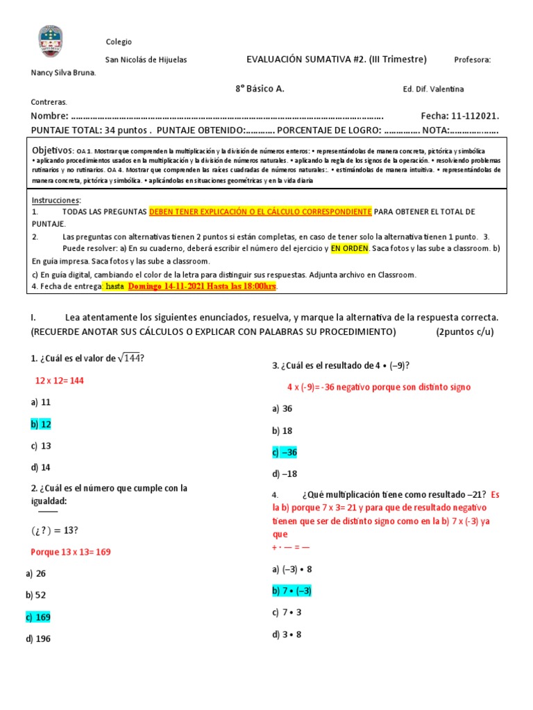 Prueba Sumativa Matemticas | PDF | Multiplicación | Matemáticas