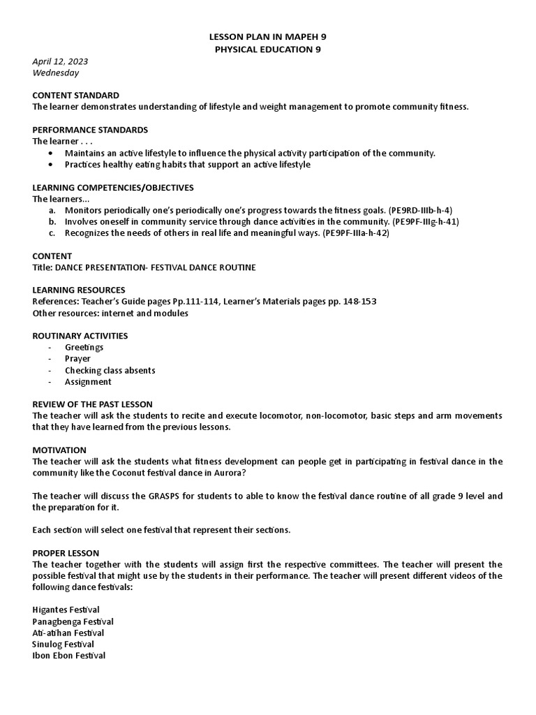 Lesson Plan in Mapeh 9 | PDF | Learning | Dances