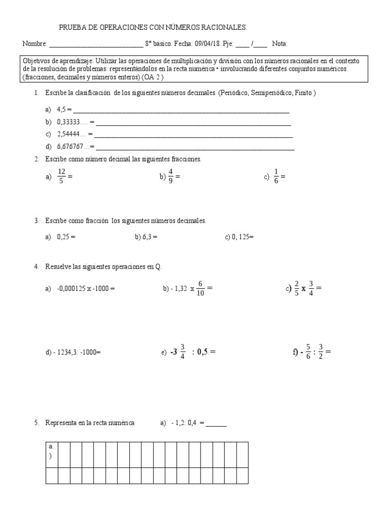 Prueba de Números Racionales 8° Básico | PDF | Número racional ...