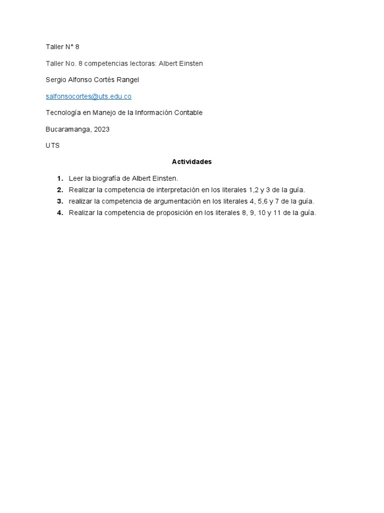 Taller #8 Competencias Lectoras Albert Einsten | PDF | Albert Einstein