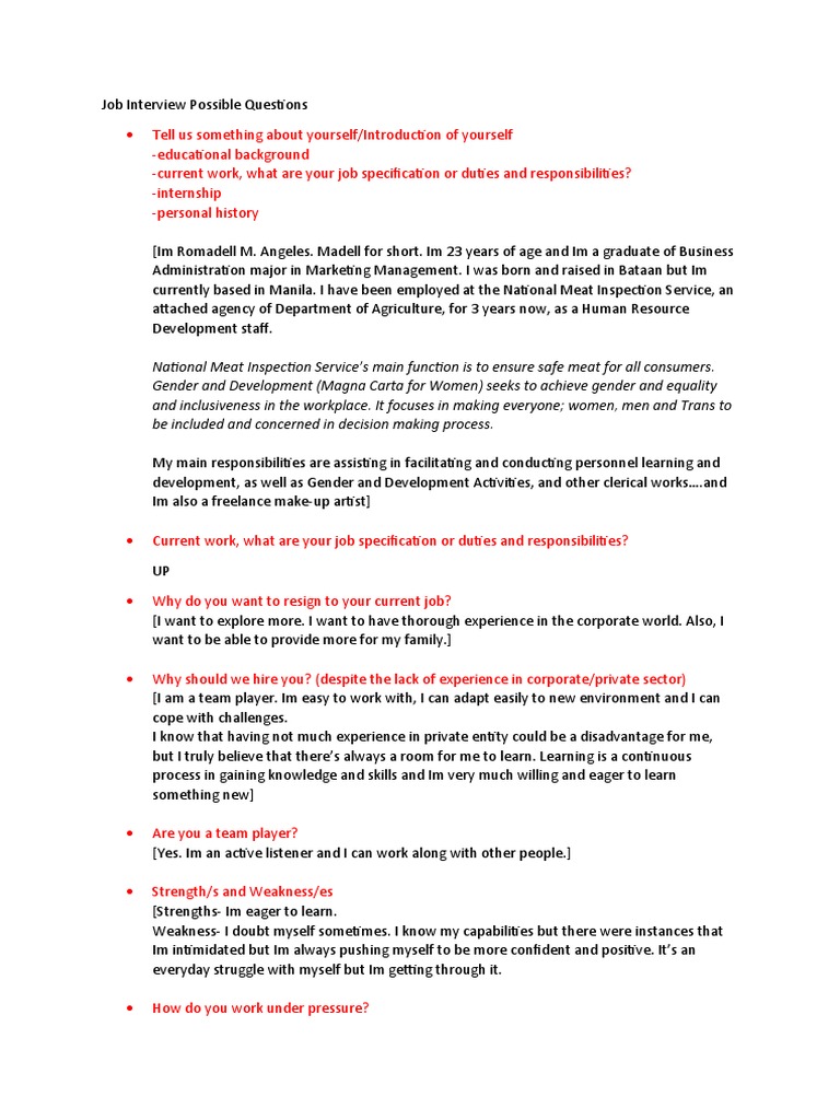 Job Interview Possible-Questions | PDF | Job Interview | Gender And ...