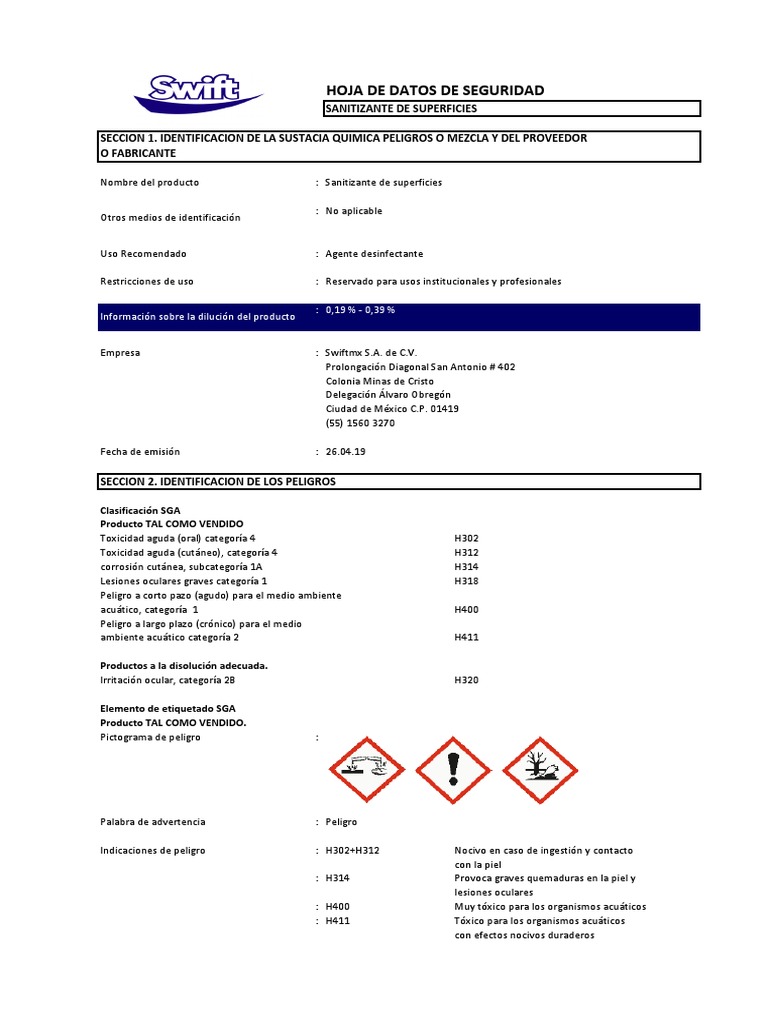 Sanitizante-Hoja de Seguridad | PDF | Agua | Toxicología