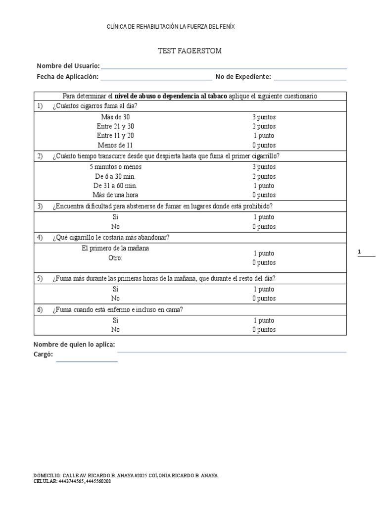 Cuestionario Dependencia Tabaco Fagerstom | PDF | Nicotina | Dejar de fumar