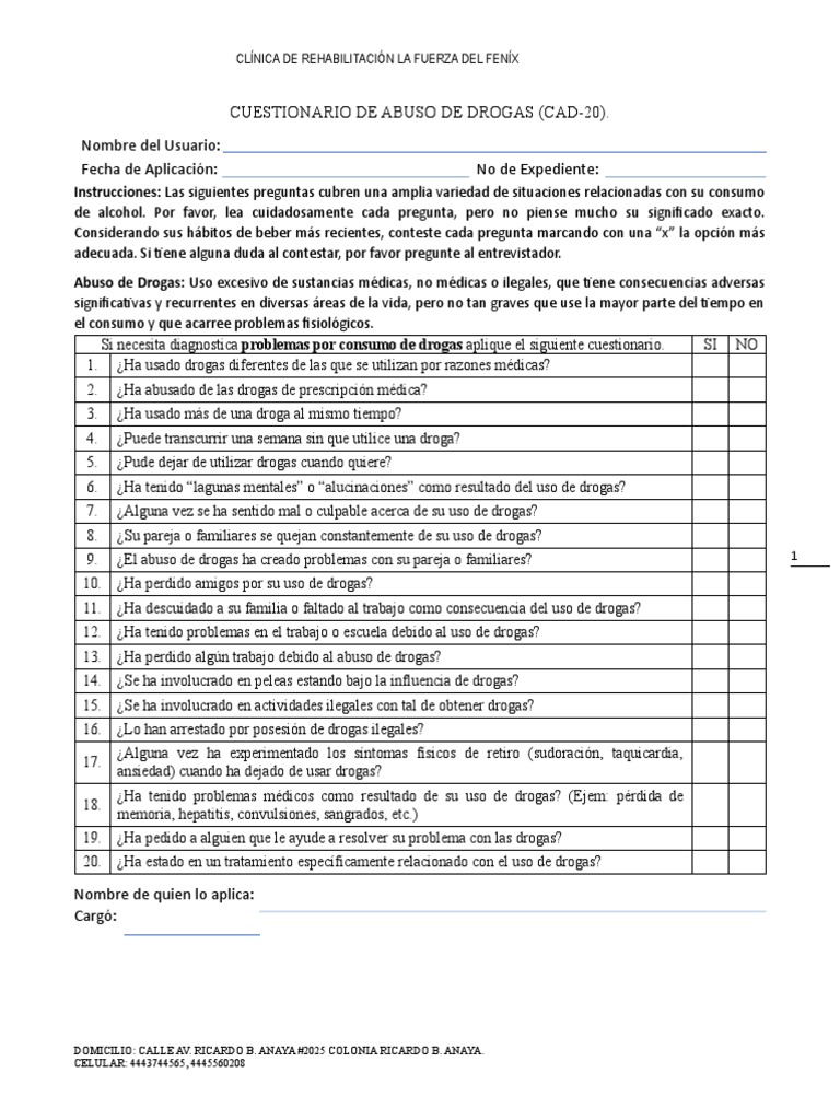 Cuestionario de Abuso de Drogas-Cad-20 | PDF | La dependencia de sustancias | Despachador de drogas