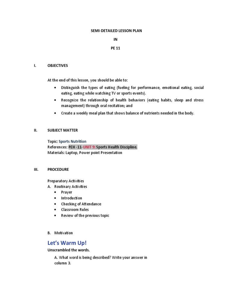 PE 11 Lesson Plan | PDF | Fat | Food Energy