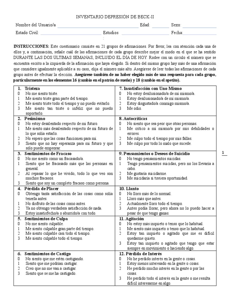Inventario Depresión de BECK | PDF | Depresión (estado de ánimo) | Suicidio