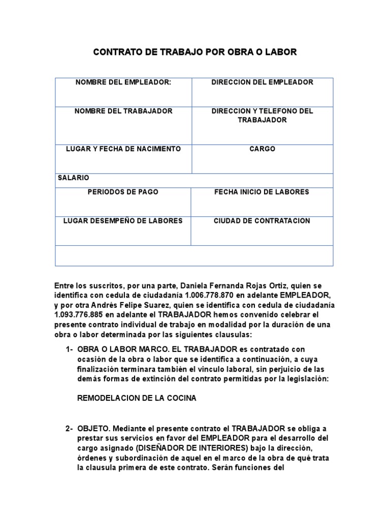 Contrato de Trabajo Por Obra o Labor | PDF | Salario | Tiempo de trabajo