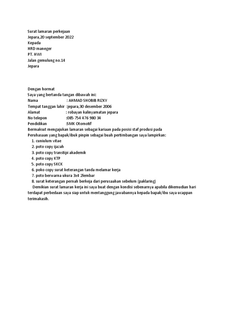 Surat Lamaran Perkejaan Yuda Dan Shobib Boss X TKRO 2 | PDF | Hukum