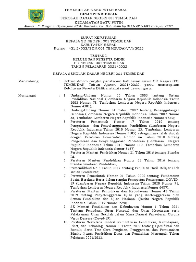 Contoh SK Kelulusan 2022 | PDF