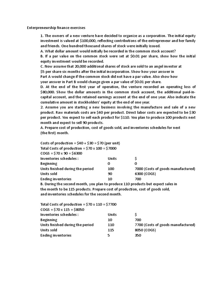 Enterpreneurship Finance Exercises 4-6 | Download Free PDF | Expense ...
