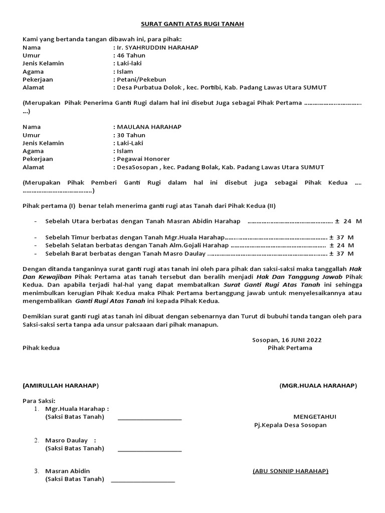 Surat Ganti Atas Rugi Tanah Indra | PDF
