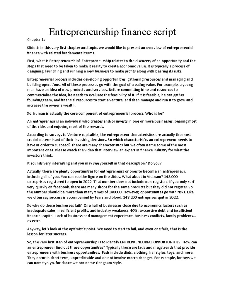 Entrepreneurship Finance Script | PDF | Entrepreneurship | Business ...