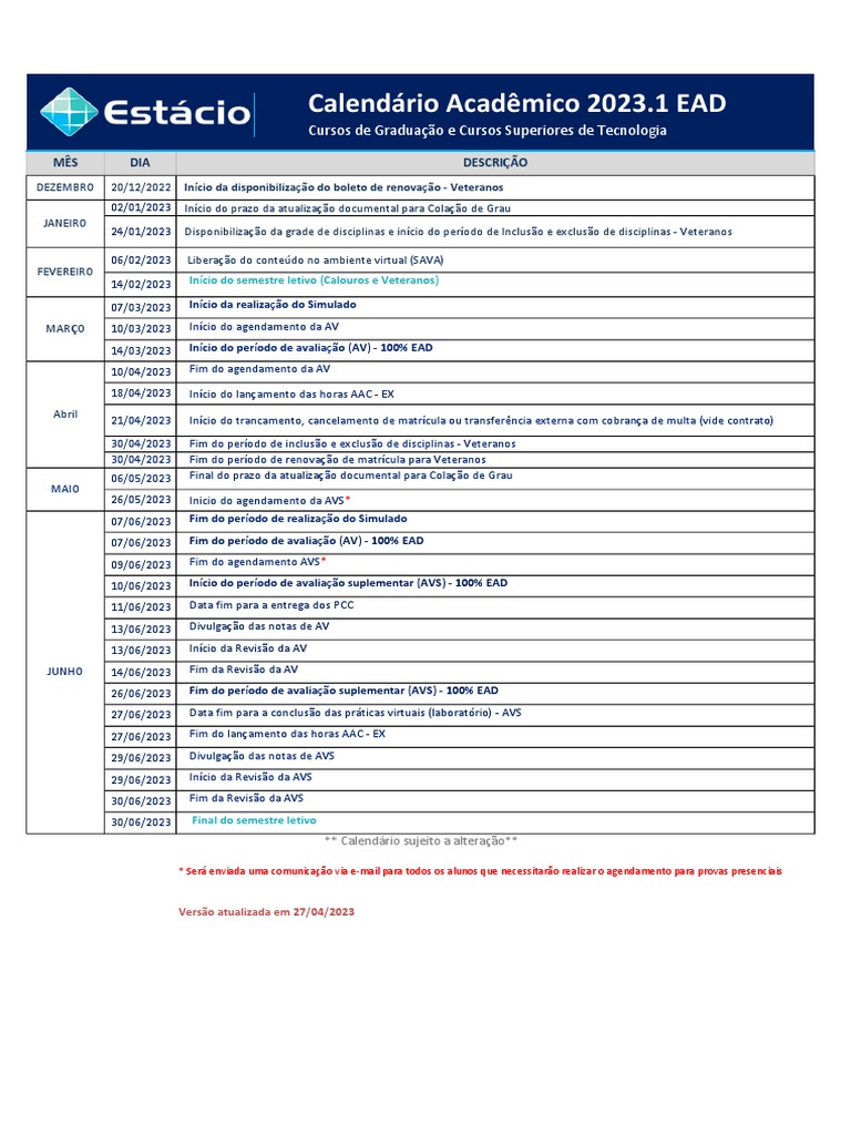 Calendário Acadêmico 2023.1 - Ead - Estácio | PDF | Educação à distância Calendário Acadêmico 2023.1 - Ead - Estácio | PDF | Educação à distância
