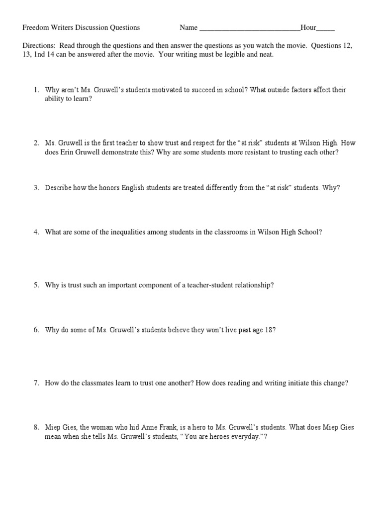 Freedom Writers Discussion Questions | PDF | Wellness