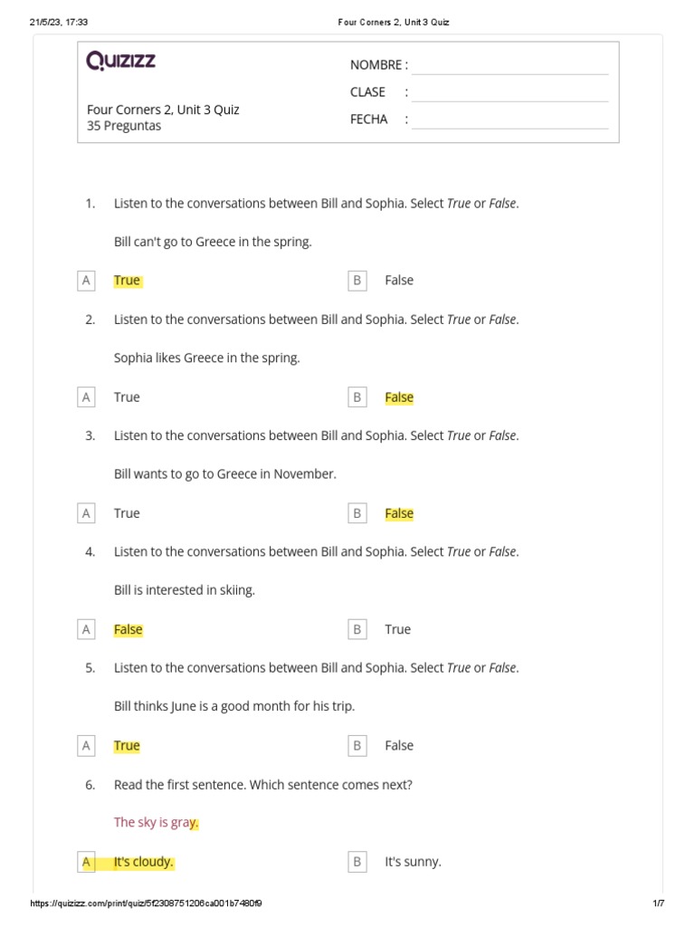 Four Corners 2, Unit 3 Quiz | PDF | Crossword | Cognitive Science