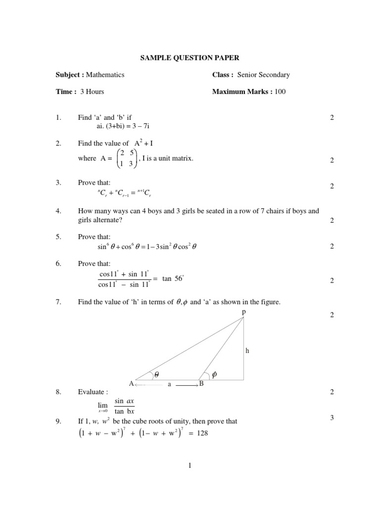 Sample Question Paper Subject: Mathematics Class: Senior Secondary Time ...