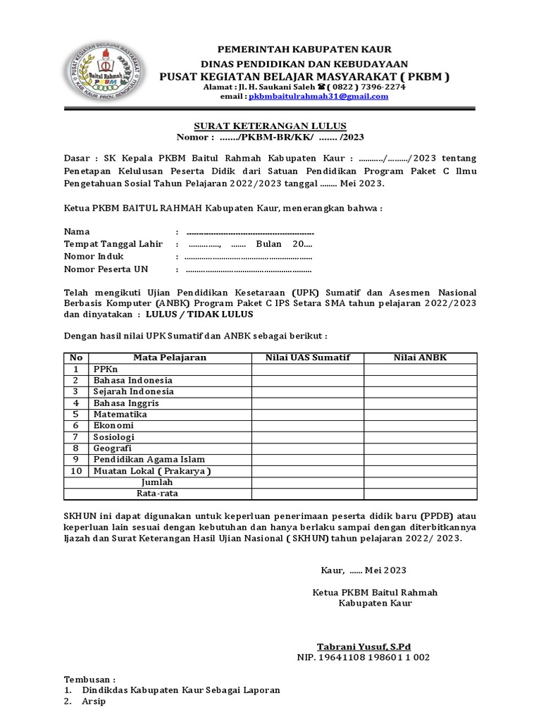 SURAT KETERANGAN LULUS PKBM | PDF