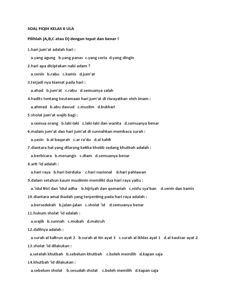 Soal Fiqih Kelas 6 Ula | PDF | Seni & Disiplin Bahasa