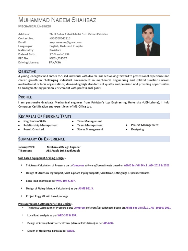 CV of Naeem Shahbaz - Mechanical Engineer | PDF | Safety