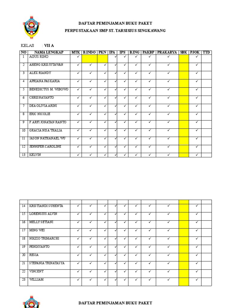 Daftar Peminjaman Buku Paket 2022 2023 | PDF