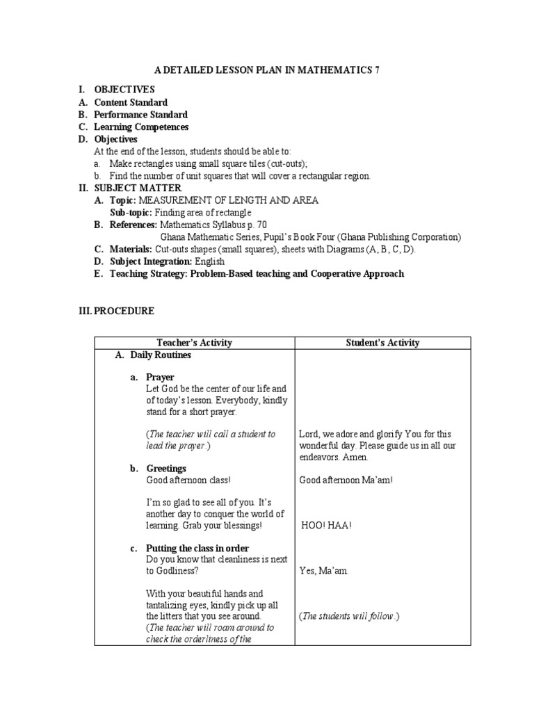 A Detailed Lesson Plan in Mathematics 7 | PDF | Lesson Plan | Area