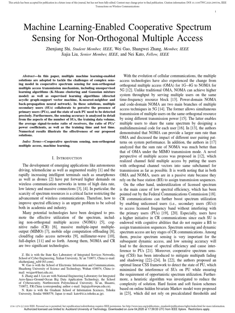 Machine Learning Enabled Cooperative Spectrum Sensing For Nomashi2020 Pdf Cluster Analysis