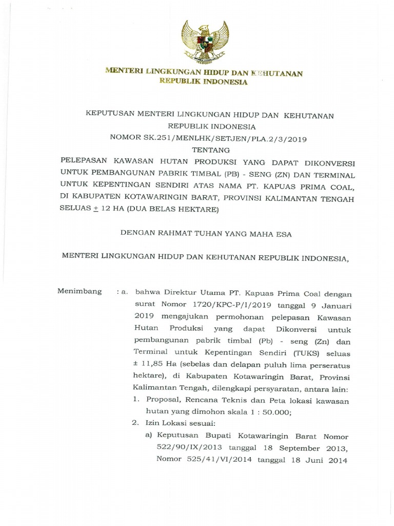 SK Pelepasan Kawasan Hutan KPC 12 Ha (SK.251 - Menlhk - Setjen - PLA.2 - 3 - 2019) | PDF