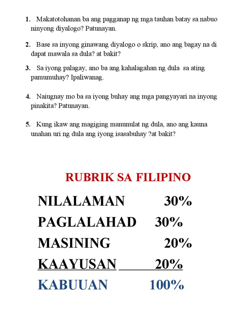 Rubrik Sa Filipino | PDF