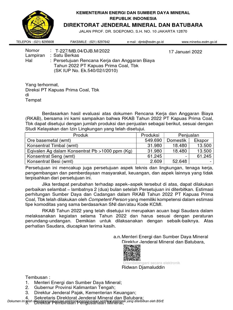 Persetujuan RKAB Tahun 2022 PT KPC | PDF
