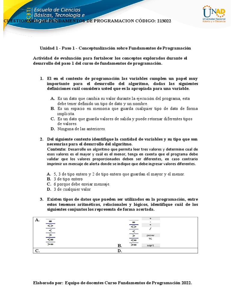 Cuestionario Fundamentos Programación | PDF | Algoritmos | Variable (informática)