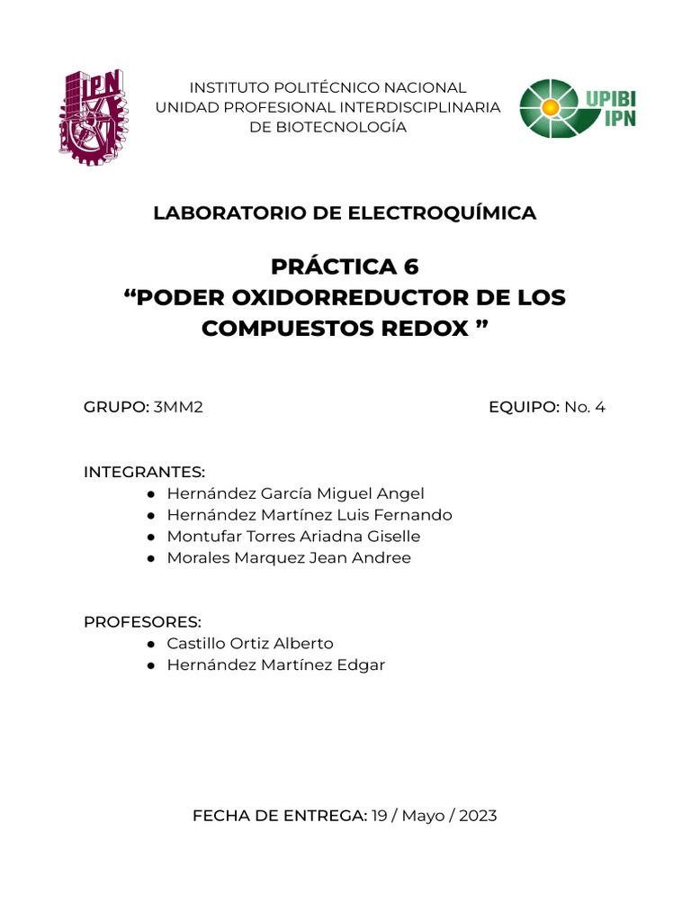 Práctica 6 "Poder Oxidorreductor de Los Compuestos Redox ": Laboratorio de Electroquímica | PDF ...