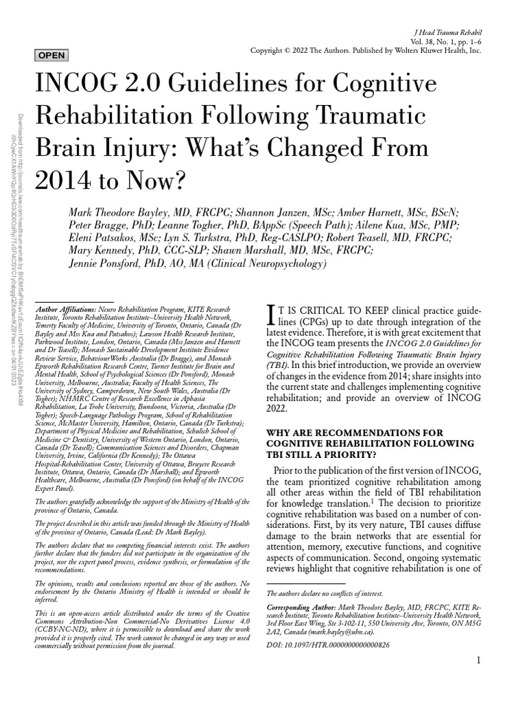 INCOG 2 0 Guidelines For Cognitive Rehabilitation.1 | PDF | Traumatic ...