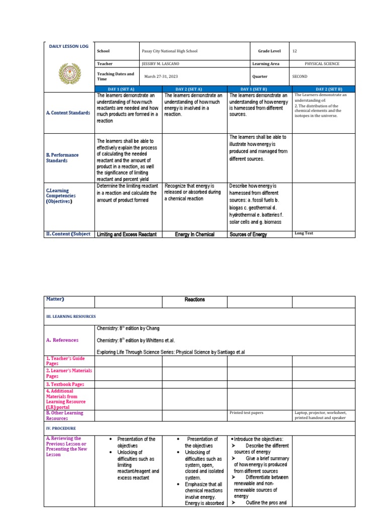 Physical Science DLL (Week7) | PDF | Chemical Reactions | Learning