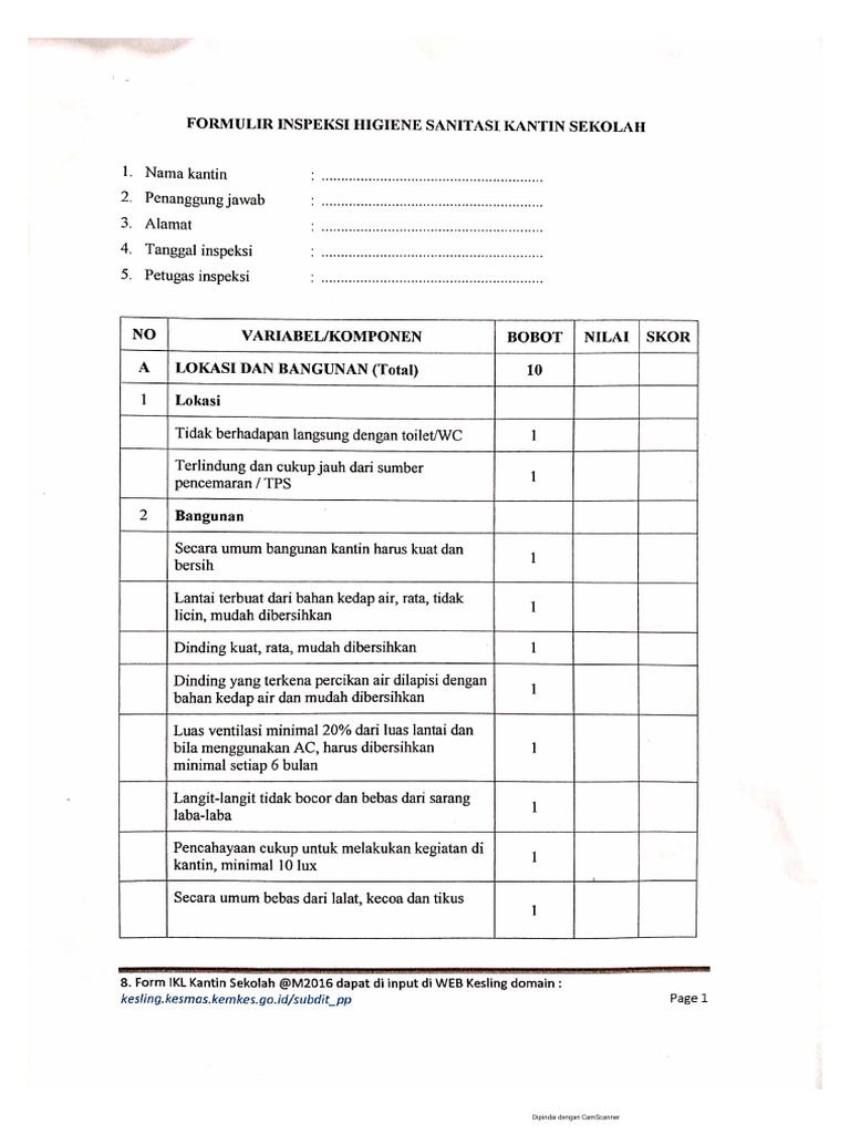 Blanko Inspeksi Kantin Sekolah | PDF